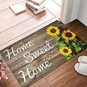 Sunflower Welcome Doormat Summer Door Mat, 17 X 29 Inch Wood Background Flower Spring Summer Decorative Home Sweet Home Entrance Mat Non-Slip Backing Floor Mat for Kitchen Bathroom