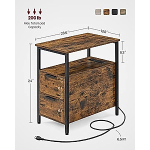 VASAGLE Side Table with Charging Station, Narrow End Table with 2 Drawers, Slim Nightstand and Bedside Table with Storage, for Small Spaces, Rustic Brown and Black ULET321B01