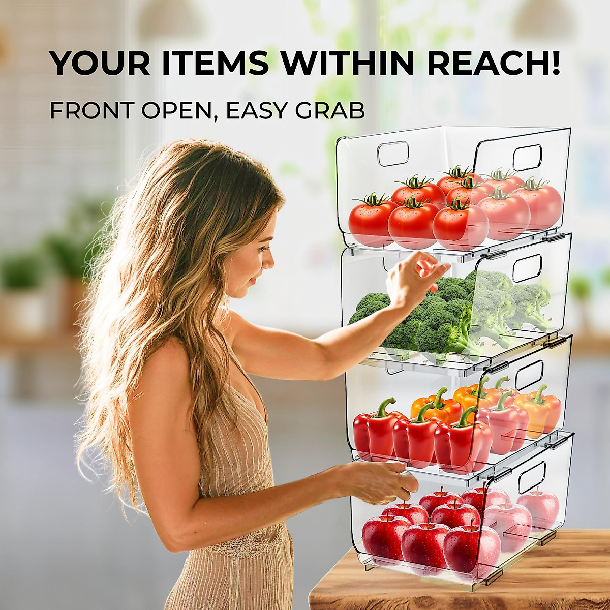 TidyFriend Plastic Stackable Bins for Pantry, 4 Pack Stacking Bins Open Front, Toy Organizers, Kitchen, and Bathroom Essentials (Clear- Hole Handle)