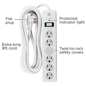GE, White, 6 Outlet Surge Protector 2 Pack, 10 Ft Extension Cord, Power Strip, 800 Joules & Belkin 12-Outlet Power Strip Surge Protector, 8ft Cord – Ideal for Computers, Home Theater, Appliances