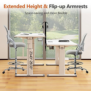 Drafting Chair, Tall Office Chair Tall Standing Desk Chair Counter Height Adjustable Office Chair for Standing Desk, Mid-back Mesh Drafting Chair with Flip-up Arms, Foot-ring, Wheels, Grey