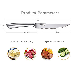 WALLOPTON Steak Knives Set of 8 - High Carbon Stainless Steel, Dishwasher Safe - Polished Blade & Handle, Straight Edge - 4.5'' Kitchen Dinner Table Knife Set Non Serrated