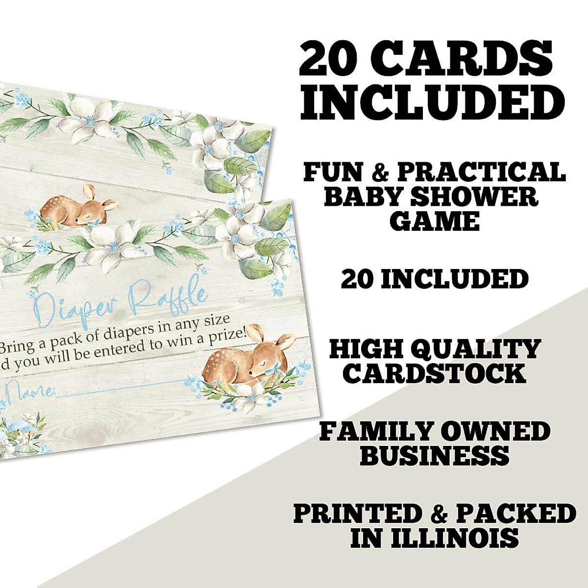 Little Deer Woodland Themed Diaper Raffle Tickets for Boy Baby Showers, 20 2" X 3” Double Sided Insert Cards for Games by AmandaCreation, Bring a Pack of Diapers to Win Favors & Prizes!