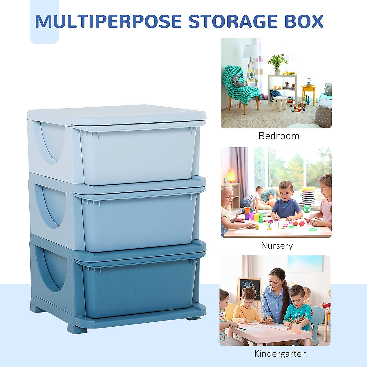 Qaba 3 Tier Kids Storage Unit, 3 Drawer Chest Toy Organizer Plastic Bins for Kids Bedroom Nursery Kindergarten Living Room for Boys Girls Toddlers, Blue