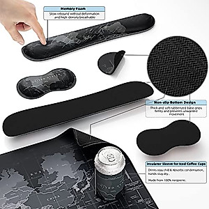 PULAIXIN 5 in 1 Keyboard Mouse Pad Set, Mouse Pad Wrist Support, Extended Gaming Mouse Pad + Keyboard Wrist Rest Support, (34.5×15.7 in) Large Ergonomic Mousepad Desk Mat Combo -Black World Map