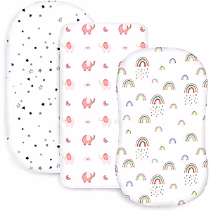 Plushii Bassinet Sheets for Baby Girls 3 Pack, 32"x 16" Extra Soft Microfiber Bassinet Sheet Universal for Oval Rectangle and Hourglass Bassinet Mattress, Rainbow & Pink Elephant & Stars
