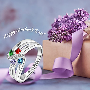 Sterling Silver Mothers Rings with 1-6 Birthstones Women Personalized Rings Engraving Family Name Rings Custom Rings for Mom Grandma Nana (4 stone)