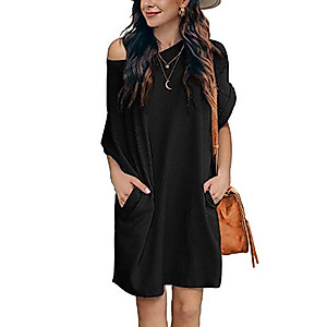 IWOLLENCE Women Waffle Knit Tunic Dress Casual Summer Short Sleeve Loose Dresses Cover Up Beach Dresses with Pocket Black Small