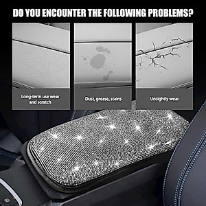 Crynod 1 PC Sparkling Car Armrest Box Protector, 8.66" x 11.81" Rhinestone Studded Stretch Elastic Band Mounted Center Console Cover, General Motors Anti-Scratch Accessory, for Most Cars (Silver)