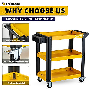 3 Tier Rolling Tool Cart, 3 Shelves Steel Utility Cart, for Warehouse & Repair Shop, 1000Lbs Load Capacity