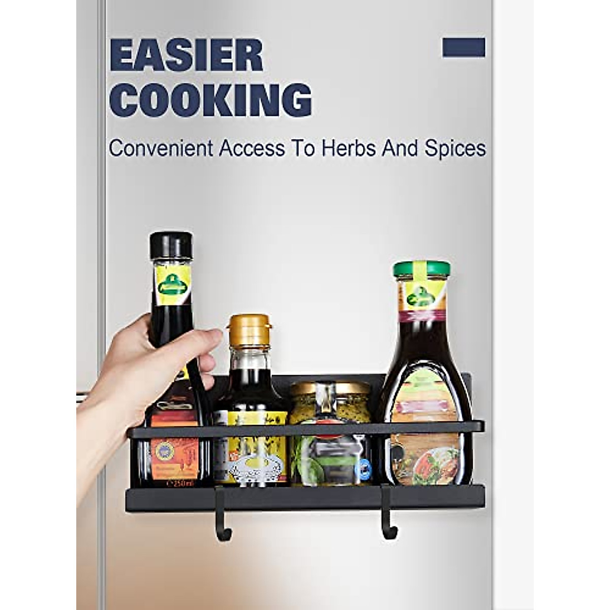 BRONYPRO Magnetic Spice Rack, 2 Pack Magnetic Shelf for Refrigerator, Large Spice Rack, Space Saver for Small Kitchen, Hanging Magnetic Storage With 4 Hooks, for Spices, Plates, Books, Plants（Black）