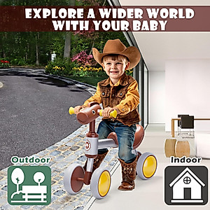 PerKidern Baby Balance Bike for 1-2 Year Old Boy Girl, Balance Bike for 12-24 Months 4 Wheels Toddler Balance Bike, Baby Bike 1+ Years Toy First Birthday Gifts (brown)