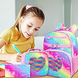 ZLYERT 3PCS Girls Backpack, Rainbow Kids Backpacks for Elementary Preschool Students, 16" Sequin Bookbag with Lunch Box for Girl