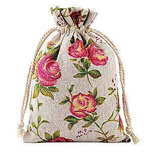 Pangda 30 Pieces Small Size Rose Drawstring Bags Burlap Flower Pouch Bags Linen Gift Bags Jewelry Pouches for Wedding DIY Craft Party (3.9 x 5.3 Inch)