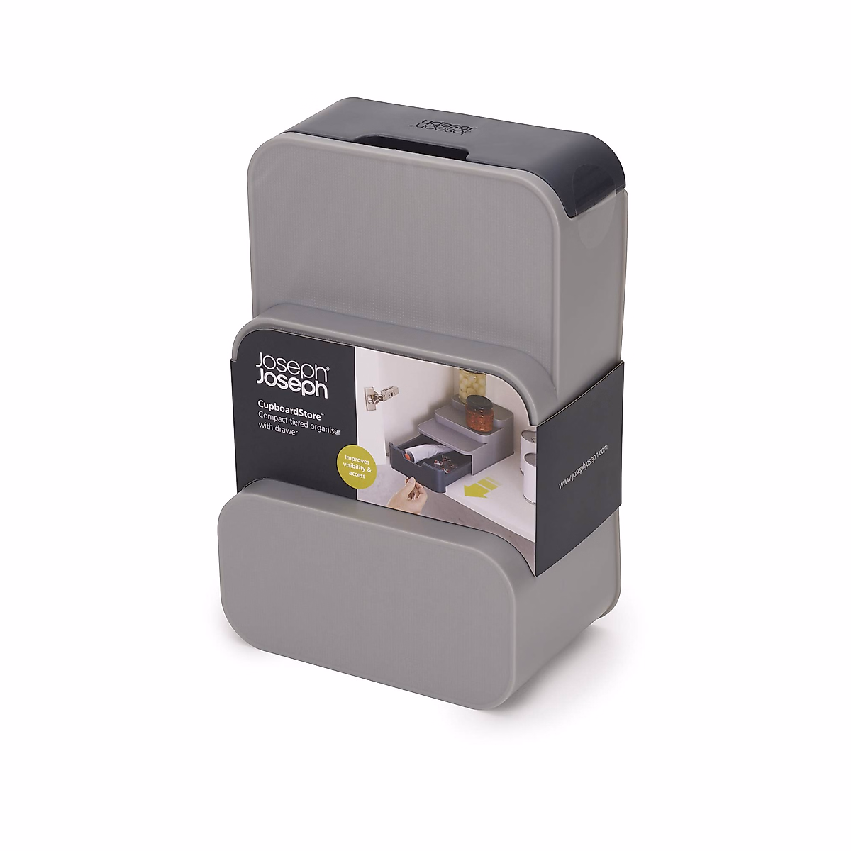 Joseph Joseph CupboardStore Compact 3 Tier Shelf Organizer with Drawer for Cabinet, Gray (Pack of 2)