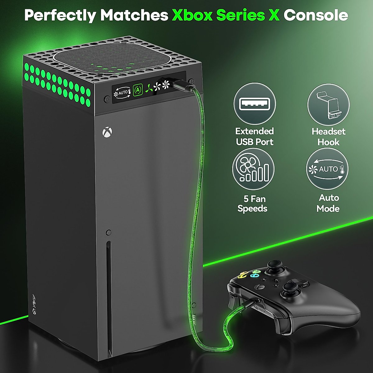 XBX Series X Cooling Fan Dust Proof with Auto Mode, for Xbox Series X Console with LED Lights, Built-in AUTO Adjustable Fan Cooling System, Xbox Series X Top Cooler, Game Accessory with Headset Holder