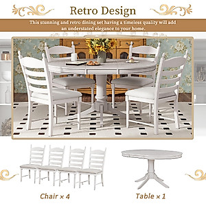 POCIYIHOME 5-Piece Retro Functional 42"-58" Wood Round Extendable 4 Upholstered Chairs, Set of 5, Family Dining Table Set for Restaurant, Kitchen (Antique White)