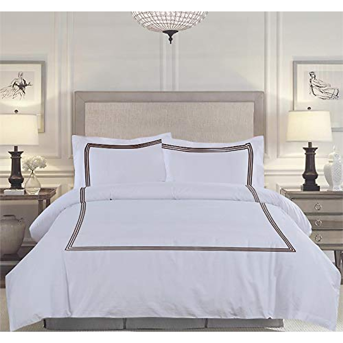 BedDecor 3 Piece 3 Line Embroidery Duvet Set with Zipper & Corner Ties 100% Egyptian Cotton 500 Thread Count Premium Hotel Quality Decorative Bedding (Chocolate,King/California King)