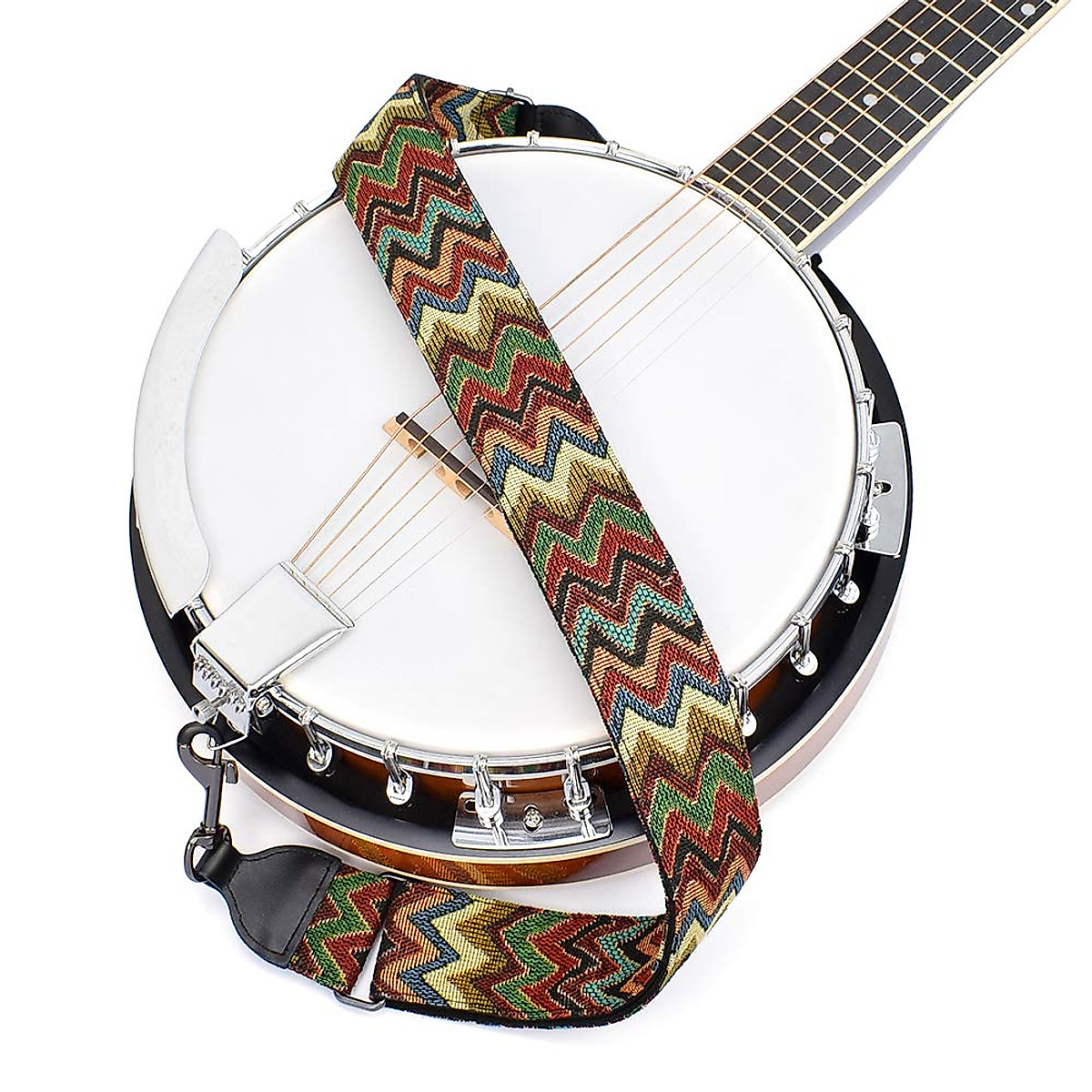 CLOUDMUSIC Banjo Strap Jacquard Woven With Leather Ends Gunmetal Clips(Coloful Waves)
