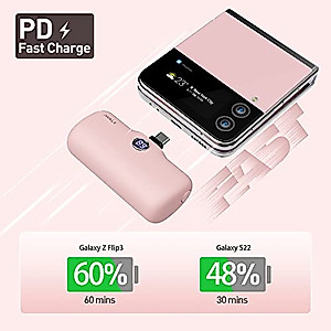 iWALK Portable Charger, PD USB C Power Bank [2023 Upgrade] Small Fast Charging Docking Battery with LED Display Compatible with Samsung Galaxy Z Flip5/4,S23,S22,S20,Android Phones,Pink