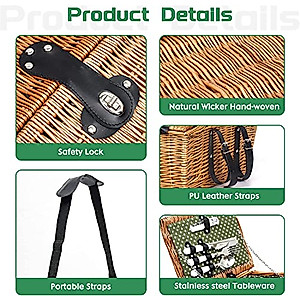 Picnic Basket for 4, Willow Picnic Basket Set with Insulated Cooler Compartment, Waterproof Blanket and Cutlery Service Kit for Camping, Outdoor