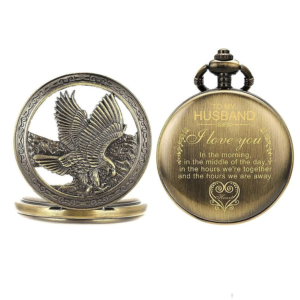 oyeaho Pocket Watches, Pocket Watch to Husband King, Personalized Pocket Watches for Men with Chain, Gifts for Love (a1.Bronze Eagle - to my husband)