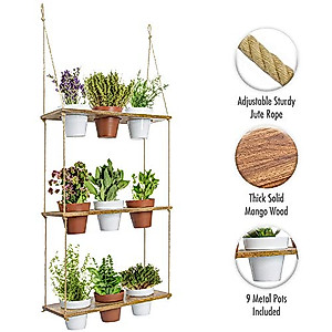 kimisty Wall Hanging Herb Planters, 3 Tiered Vertical Planter Shelf with Metal Pot Set, Indoor Garden, Wood Herb Garden for Kitchen, Vertical Hanging Planters Wall Hanging - Terracotta & White Pots