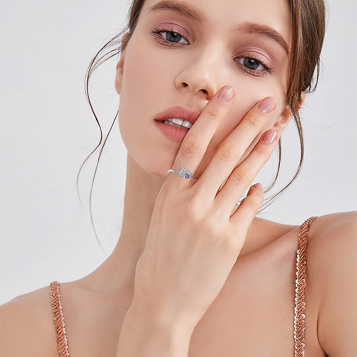 TRISHULA Celtic Knot Birthstone Ring,925 Sterling Silver February Birthstone Adjustable Open Ring for Women Forever Love Celtic Knot Thumb Ring Gift for Women Teen