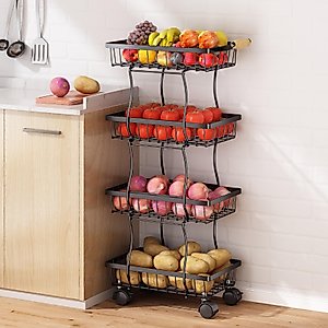Fruit Vegetable Basket for Kitchen Organizers - 4 Tier Stackable Metal Wire Basket Stand, Black