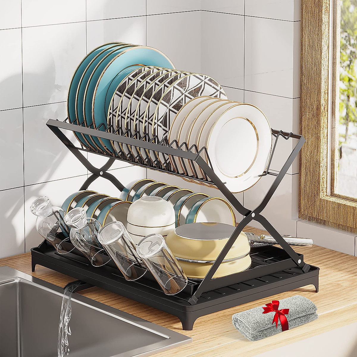 1Easylife Dish Drying Rack Collapsible: 2-Tier Dish Rack with Drainboard, Self Draining Dish Dryer for Kitchen Counter Rustproof, Foldable Utensil Drainer with Cup Holder Free Towel