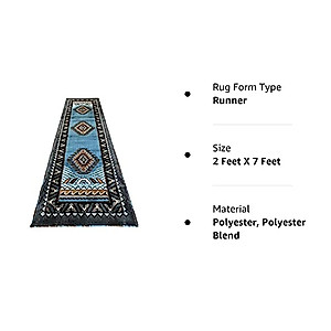 Kingdom Southwest Native American Runner Area Rug Blue & Brown Design D143 (2 Feet X 7 Feet)