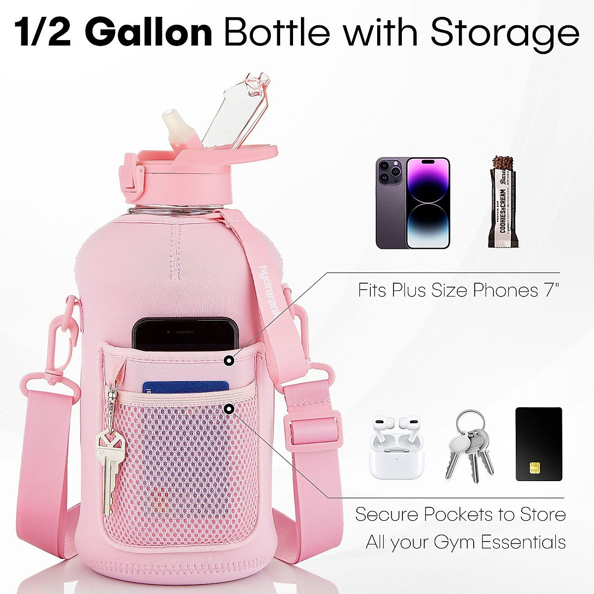 HYDRARANK Half Gallon Water Bottle with Storage Sleeve and Straw Lid - BPA Free Large Gym Water Bottles for Women - Leak Proof - Reusable Pink Water Jug with Strap, Handle (74 Ounce)