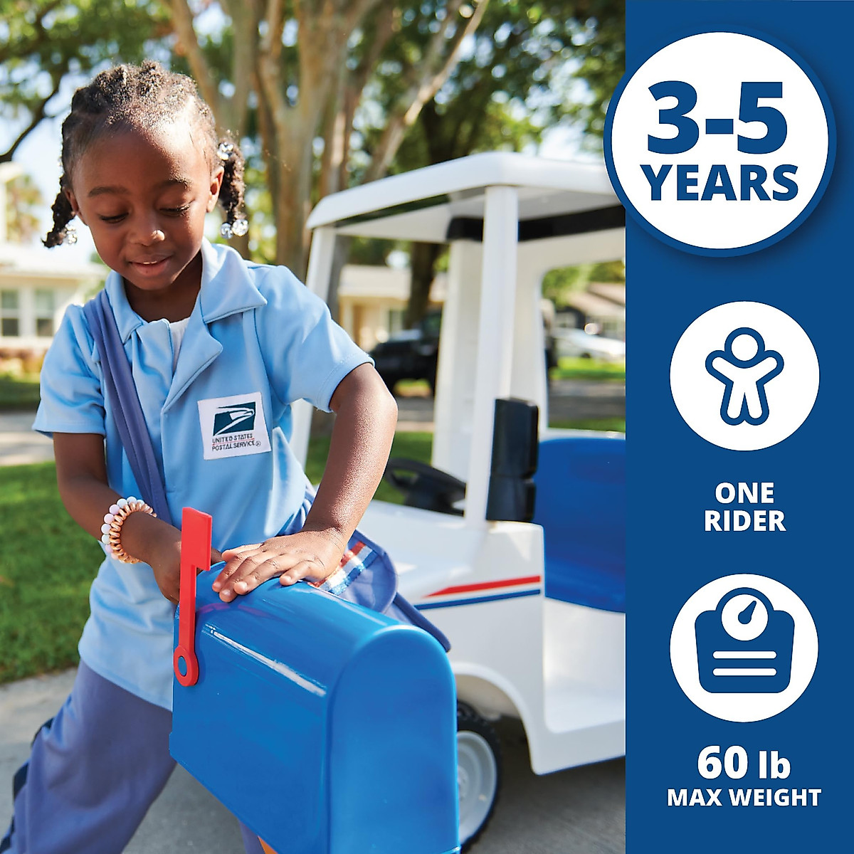 Kid Trax 6V USPS Mail Truck Ride-On Toy for Kids, Ages 3-5, Max Weight 60 lb, Includes Mailbox, Play Envelopes, Working Headlights/Horn, FM Radio/MP3 Input, Mail Truck, Kids Mail Truck, Kids Carrier