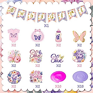 JAPBOR 21PCS Butterfly Baby Shower Hanging Swirls Decorations for Girl, Floral Butterfly Baby Girls Gender Reveal Party Banner Set, It's a Girl Birthday Purple Pink Butterflies Hang Decor Supplies