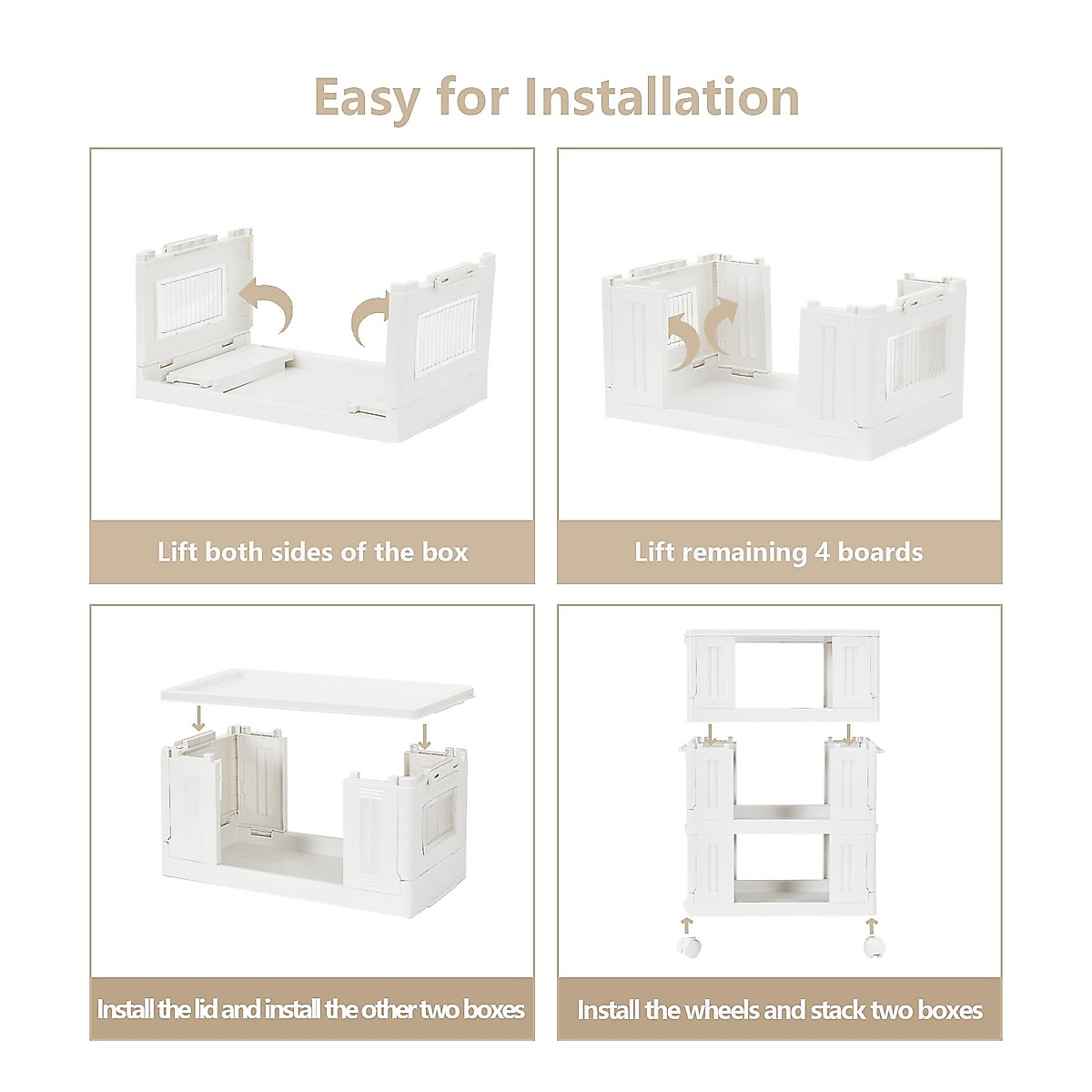 Bagnizer 3 Tiers Narrow Plastic Storage Bins with Lids and Wheels, No Door 49QT Stackable Collapsible Storage Organizers Box Containers for Bedroom, Dorm Room, Off White, 16 x 8 x 24”