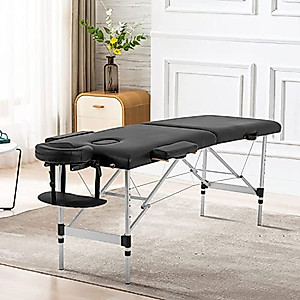 Aluminum Massage Table Portable Massage Bed Height Adjustable Spa Bed 2 Fold Facial Tattoo Salon Bed W/Face Cradle Carry Case (Black)