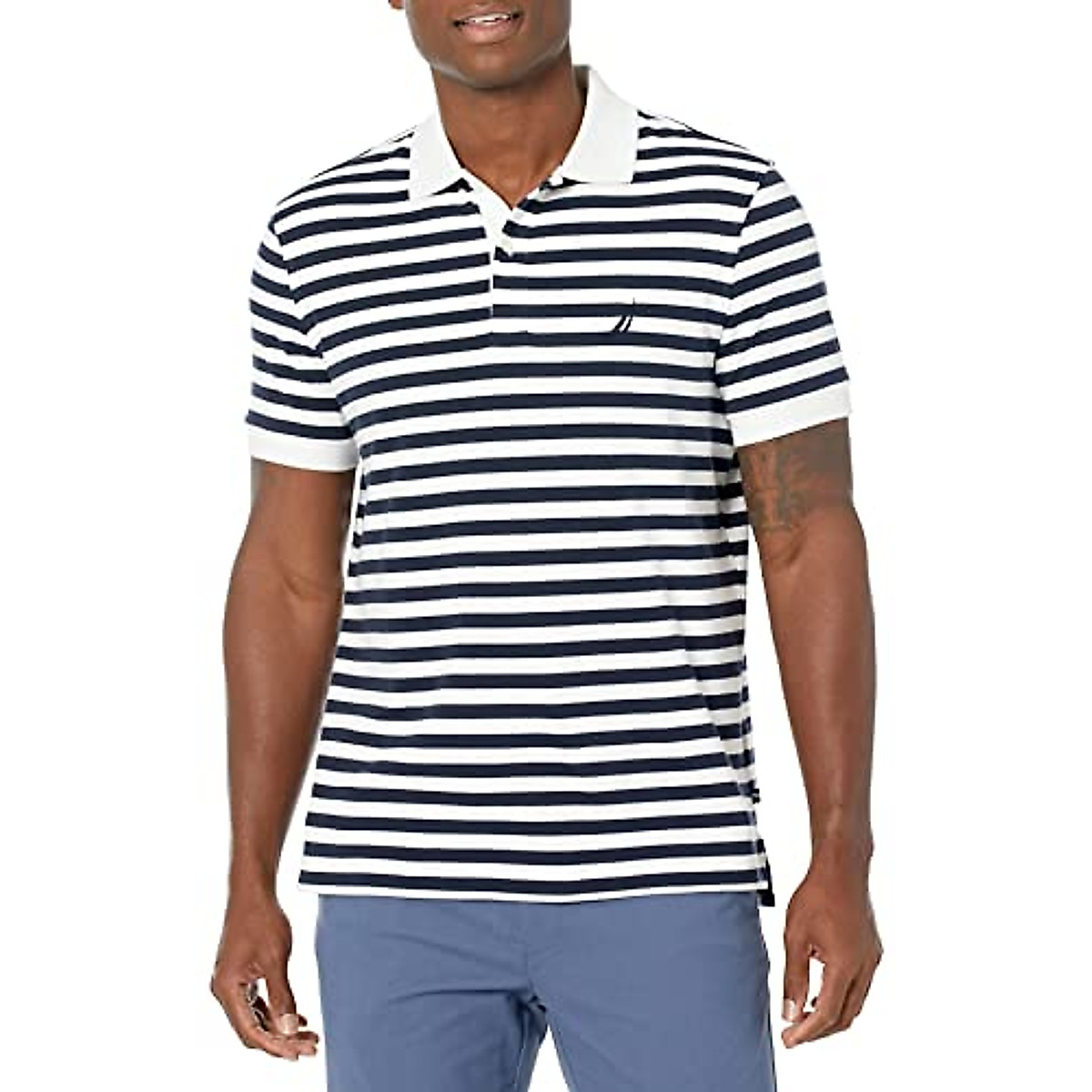 Nautica Men's Classic Fit 100% Cotton Soft Short Sleeve Stripe Polo Shirt, Bright White, X-Large