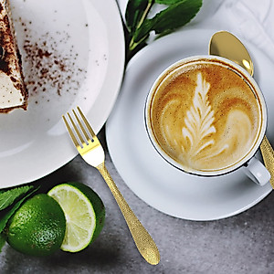 Anyagolgo Travel Utensils Set Stainless Steel Portable Utensils Set with Case Reusable 4pcs Steak Knife,Fork,Spoon,Coffee Spoon,Lunch Utensils with Case for Work Office School Picnic Camping (golden)