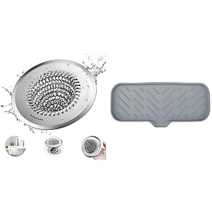 1 PCS Bathtub Drain Hair Catcher, Wokdada Fast Drainage Shower Drain Hair Catcher & 1 PCS Silicone Sink Tray, Kitchen Tray, Sink Tray for Kitchen Counter/Soap Bottles, Sponge Holder