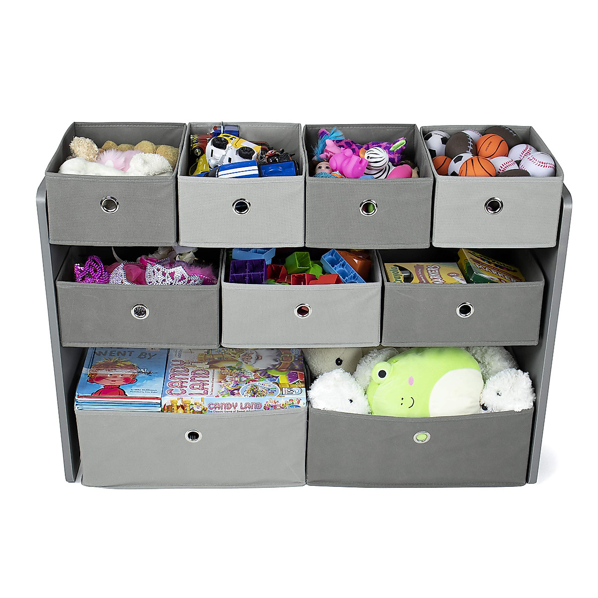 Humble Crew Kids Toy Organizer with 9 Storage Fabric Bins, Grey & Grey/White Kids Book Rack Storage Bookshelf, 4 Tiers