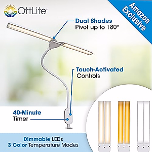 OttLite Pivot LED Clamp Desk Lamp - Dual Lamp Shades & Flexible Neck with ClearSun LED Technology - 3 Color Temperature Modes, Dimmable LEDs & Touch-Activated Controls for Crafting, Sewing, & Studying