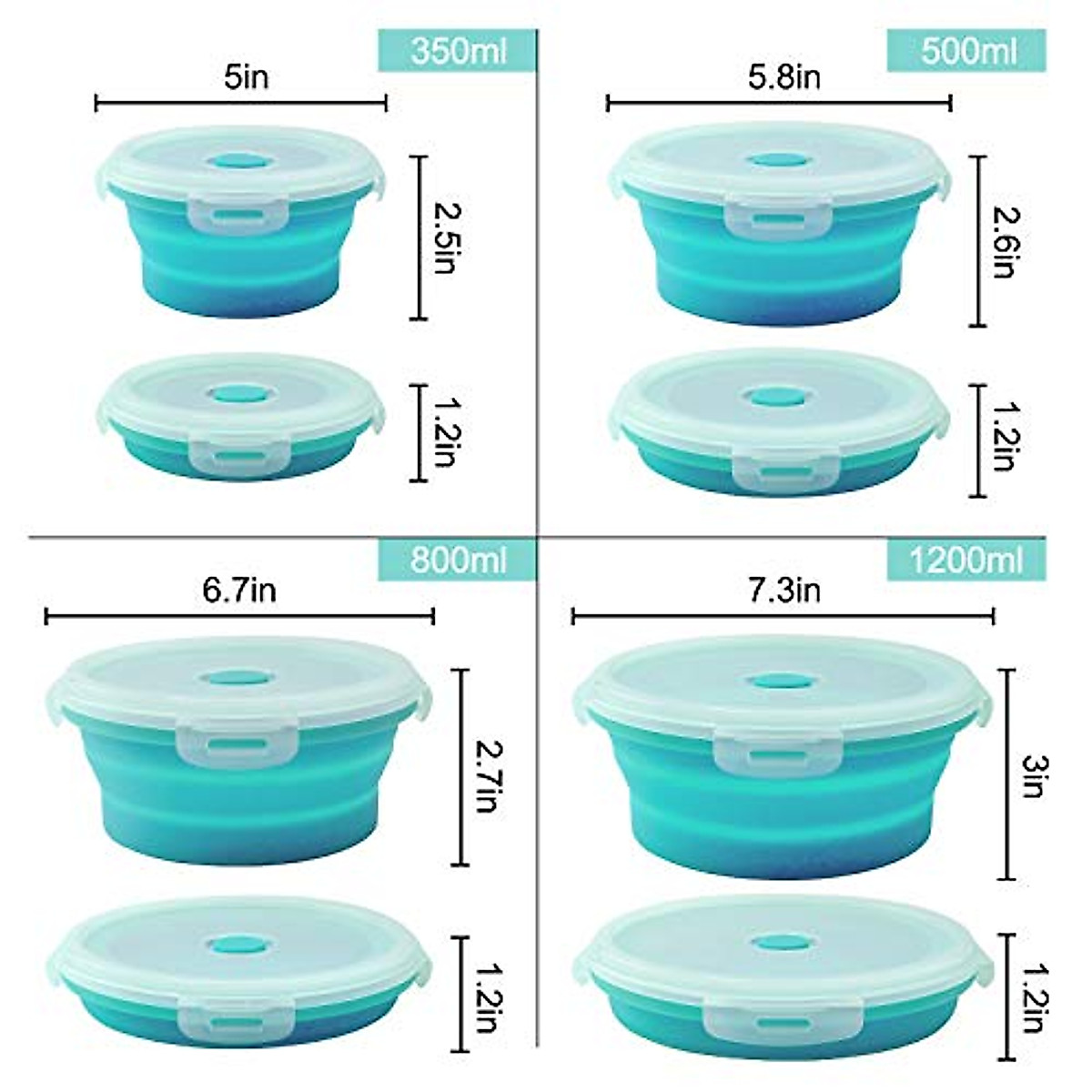 ULEE Silicone Collapsible Food Storage Containers,Set of 4 Round Folding Silicone Lunch Box,Microwave and Freezer Safe (Blue, Round)