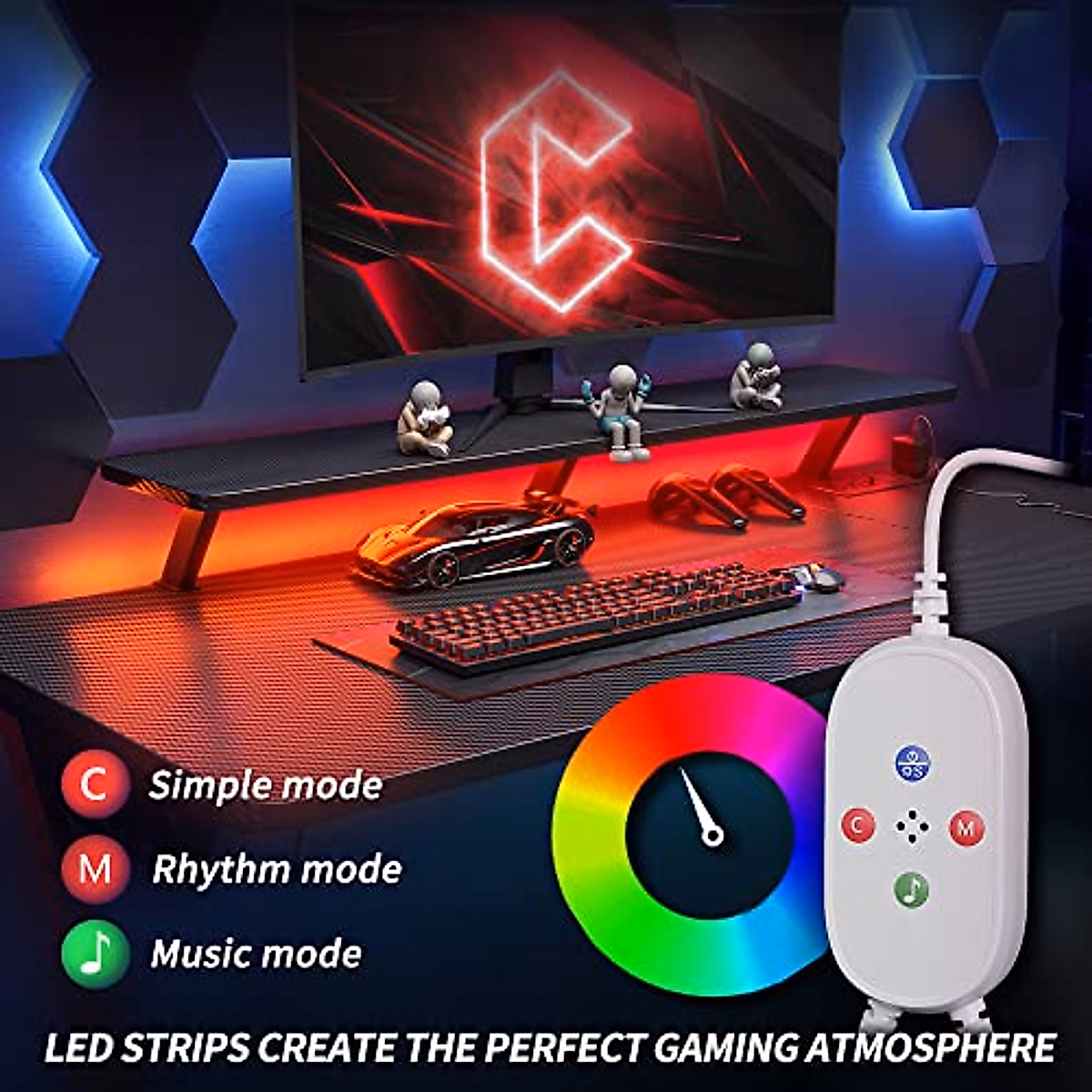 CubiCubi Gaming Desk with LED Lights & Power Outlets, 47 Inch L Shaped Carbon Fiber Surface Desk with Storage Shelves, Small Corner Computer Desk with Monitor Shelf, Black