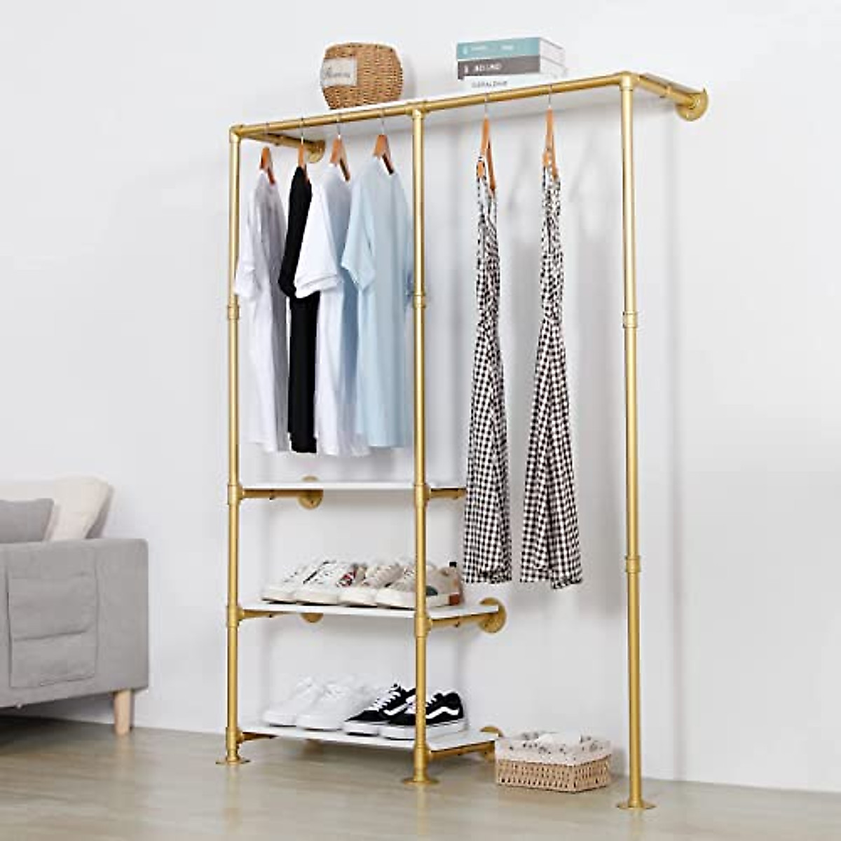 WJJAYY Wall Mounted Industrial Pipe Clothing Rack Wood Garment Rack Hanging Clothes Rack Multi-purpose Heavy Duty Hanging Rod,Steampunk Clothes Rack Retail (64 x49 inch,Gold)