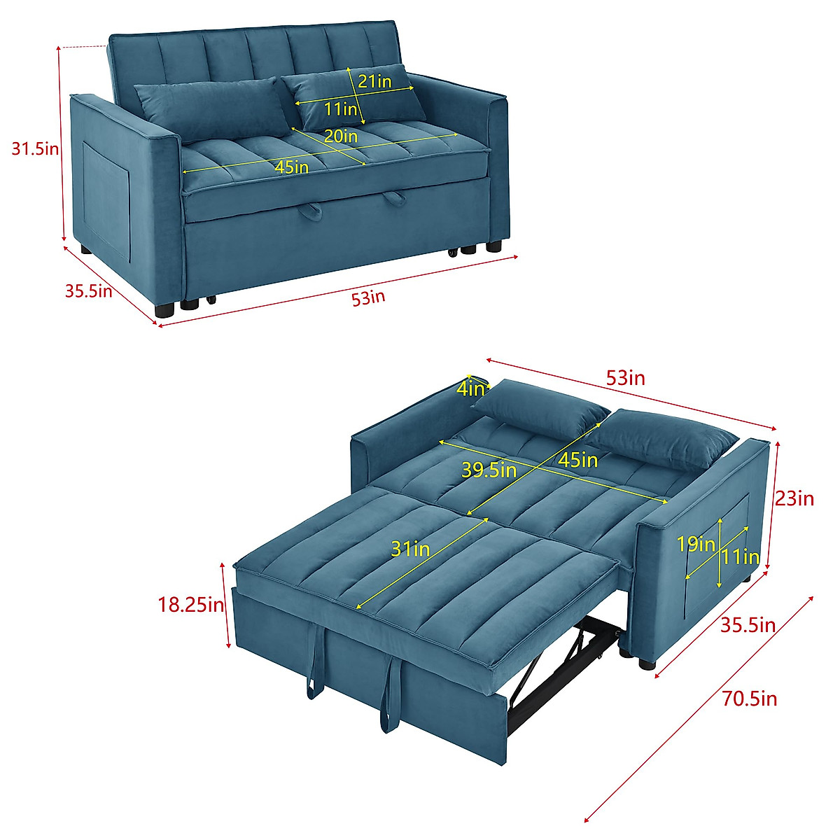 FREESNOOZE Modern Loveseat Sleeper Sofa Bed Pull Out Couch, Adjustable Backrest, Velvet 3-in-1 Convertible for Living Room Sofa with Storage Pocket, Throw Pillow(Blue)