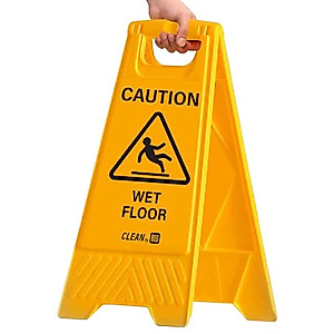 Restaurantware Clean 11.8 x 2 x 24.4 Inch Wet Floor Sign, 1 Double-Sided Caution Sign - Built-In Handle, Foldable, Yellow Plastic Cleaning Signs, For Commercial Use