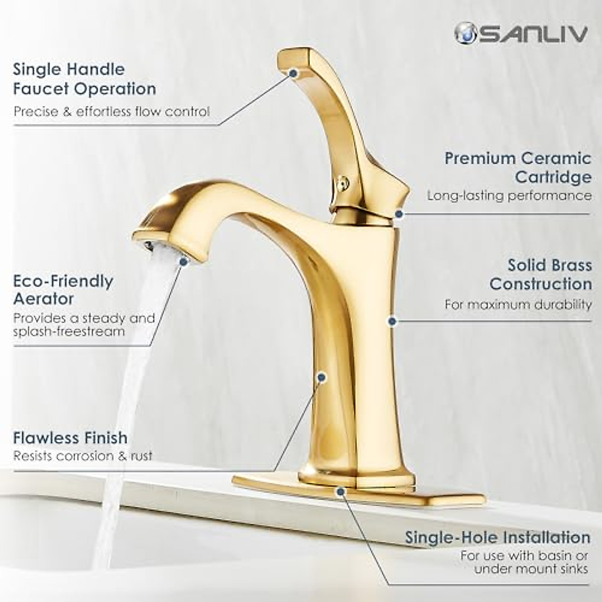 Sanliv Brushed Gold Single Handle Bathroom Faucet, Deck Mount, 1 or 3 Hole Centerset, Solid Brass Body, Ceramic Disc Cartridge, Easy Installation, 6-Inch Deck Plate