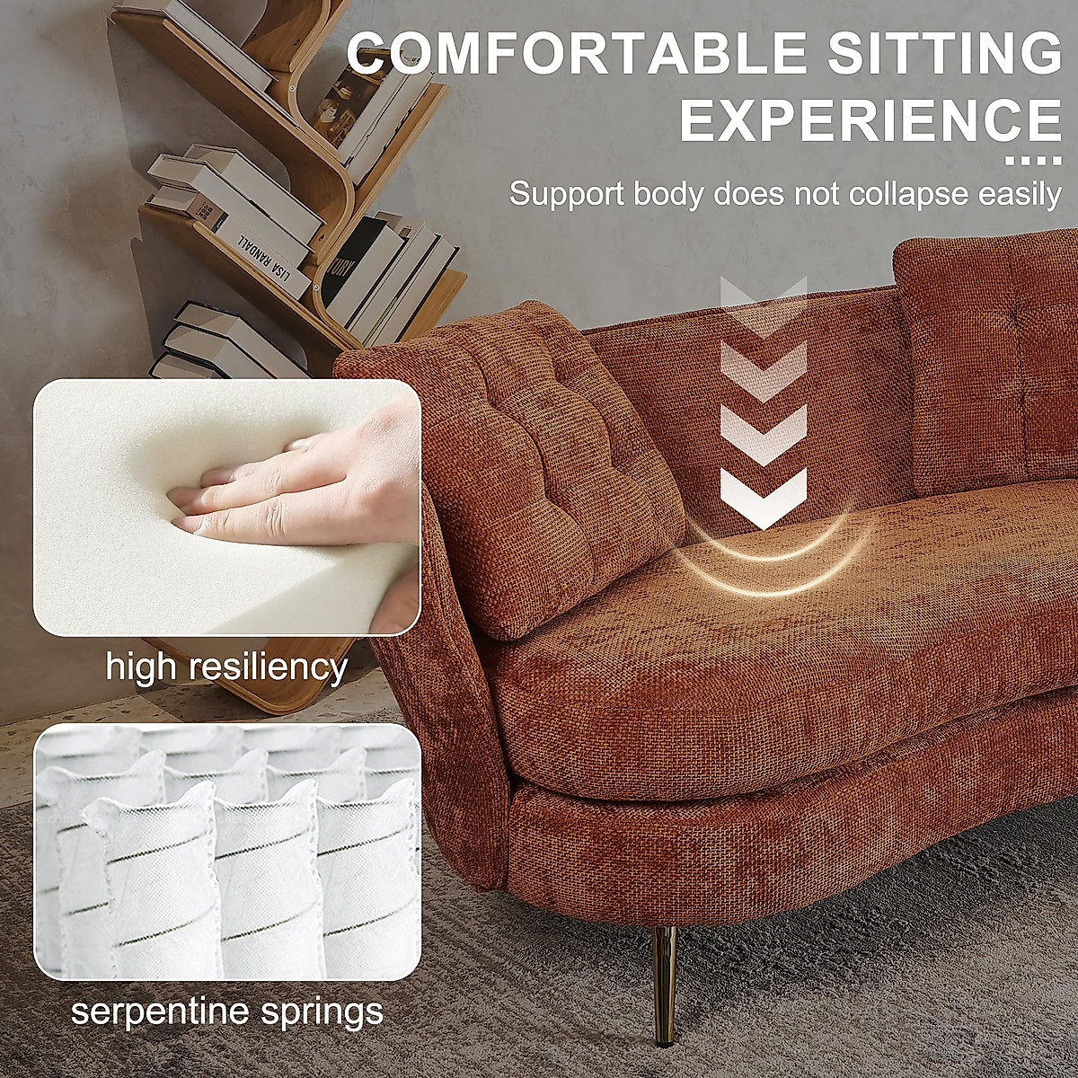 64“Modern Velvet Loveseat Couch,Futon Small Sofa with Gold Metal Legs 2-Seater Upholstered Mini Sofa Couches for Small Space,Living Room Bedroom Office Dorm Studio Apartment Love Seat Couche (Orange)