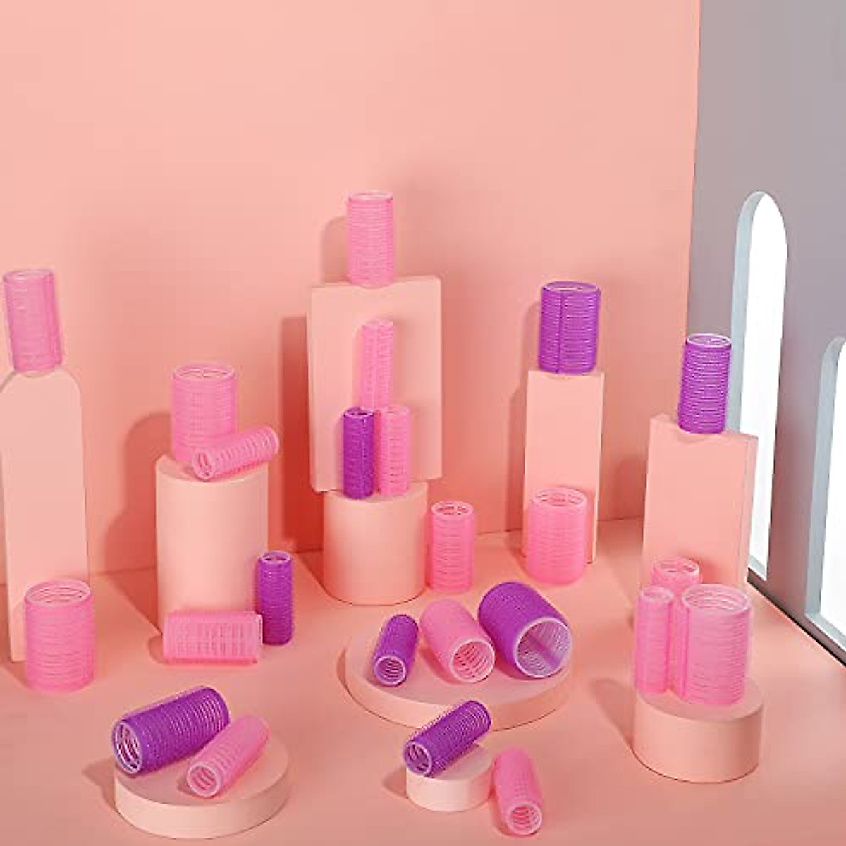 48 Pieces Self Grip Hair Rollers Set Self Holding Rollers No Heat Hair Curlers Hairdressing Curlers and Multicolor Plastic Duck Teeth Bows Hair Clips for DIY Hairdressing Salon Barber (Purple, Pink)