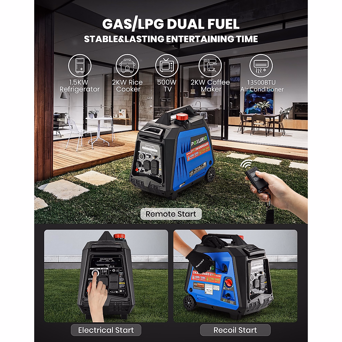 POXURIO 4000 Watt Dual Fuel Inverter Generator, Gas Propane Powered Generator Super Quiet, Remote Start/CO Sensor/RV Ready/EPA for RV, Camping and Home